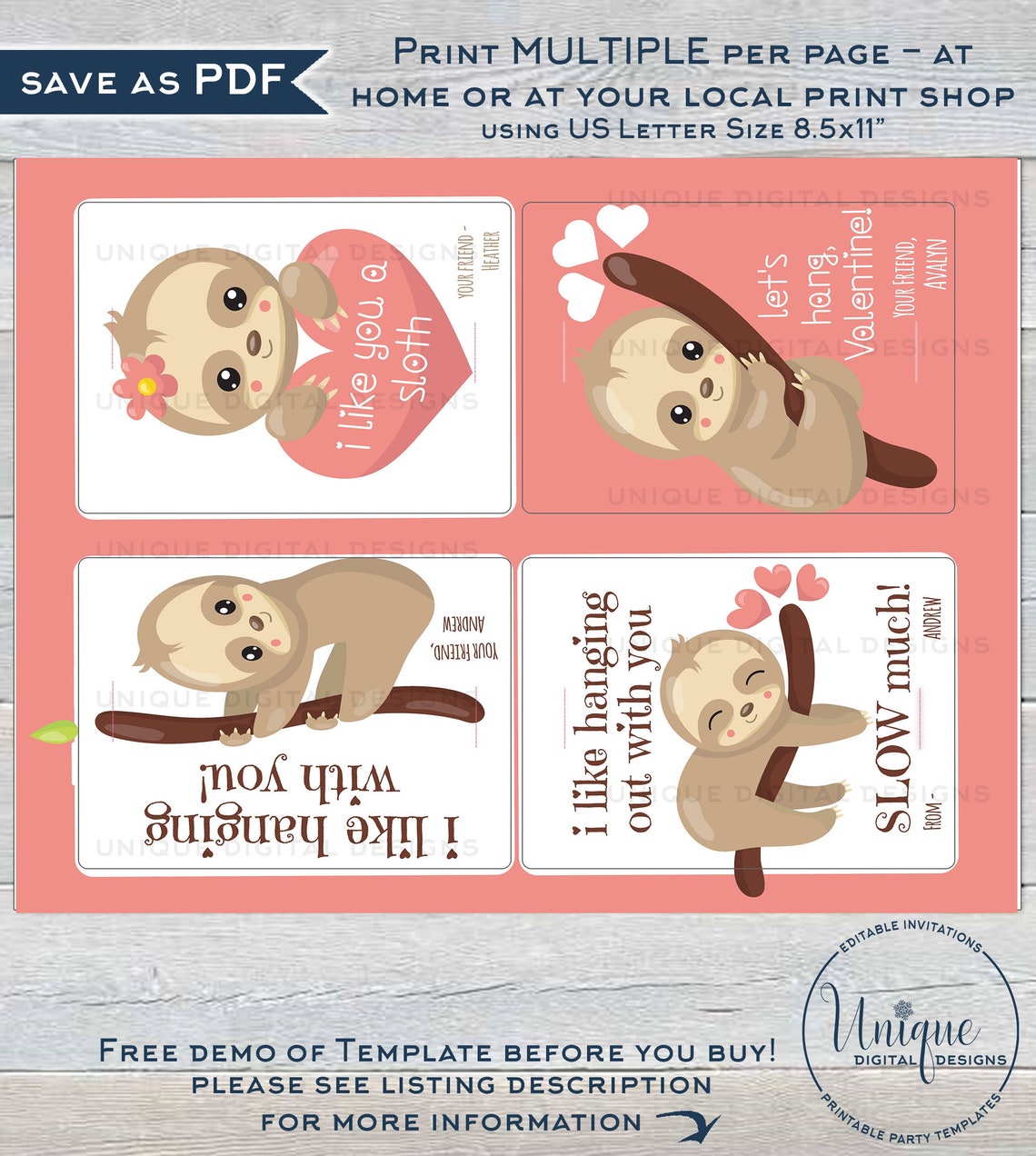 Sloth Valentine Card, Kids Editable Valentines Day Sloth Classroom, I ...