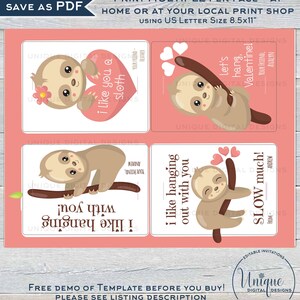 Sloth Valentine Card, Kids Editable Valentines Day Sloth Classroom, I ...