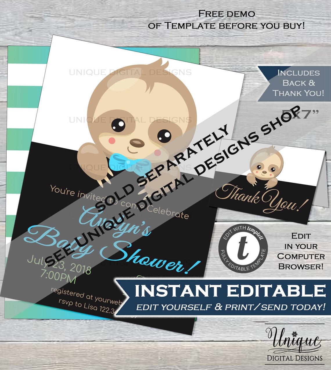 Cute Sloth Chocolate Wrapper Template, Editable Sloth Theme Baby Shower ...