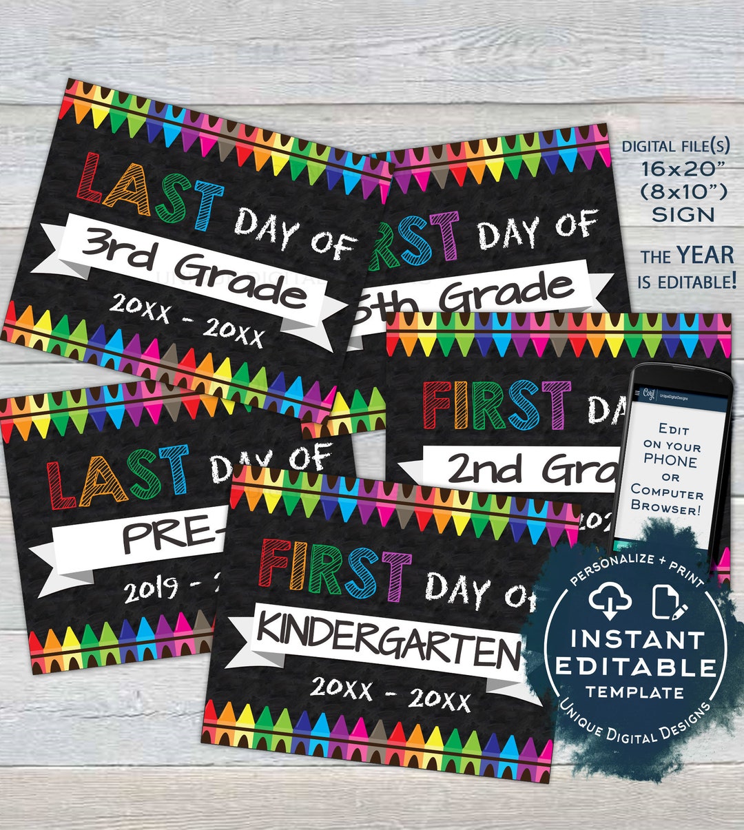 First Day of School Chalkboard Sign, Editable Reusable Last Day School ...