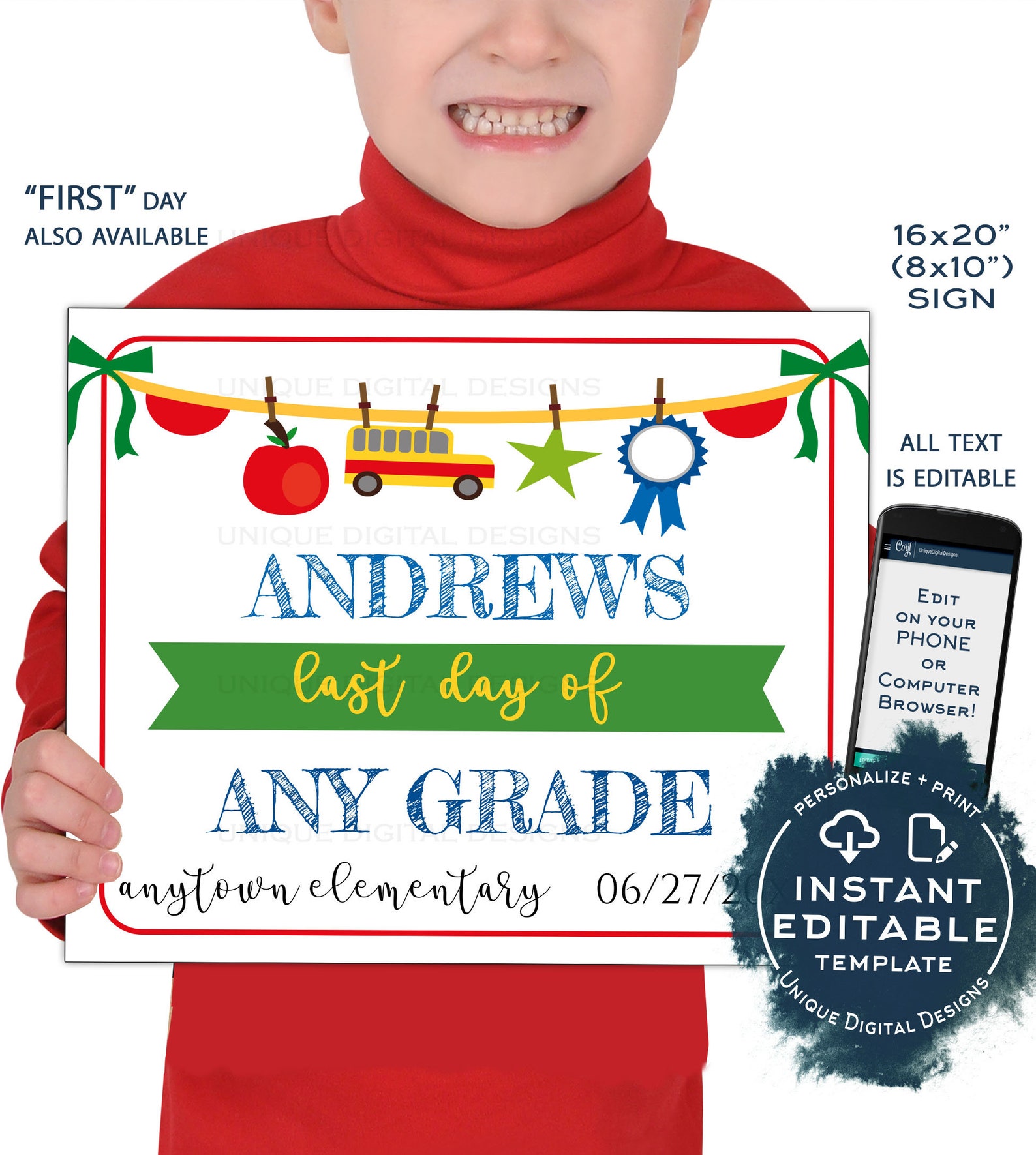 Editable Back to School Sign First Day of School Poster | Etsy