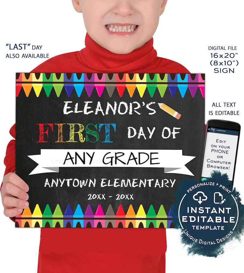 First Day of School Chalkboard Sign Editable Reusable Last - Etsy