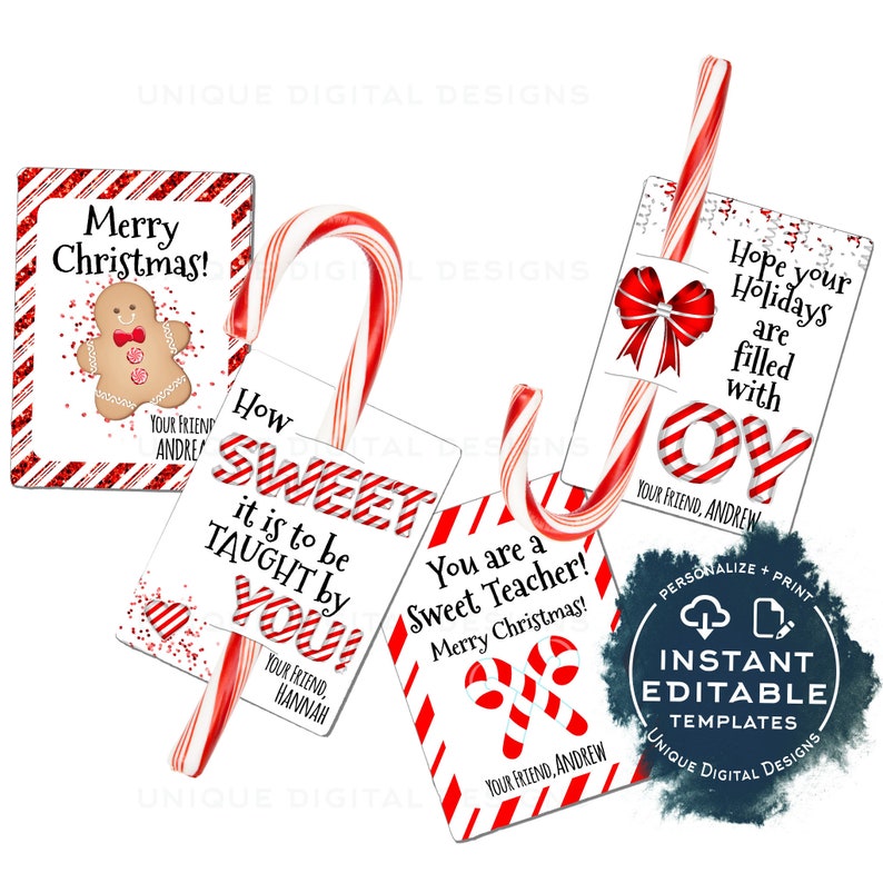 Teacher Candy Cane Tags, Christmas Favors for Kids, Editable Christmas ...