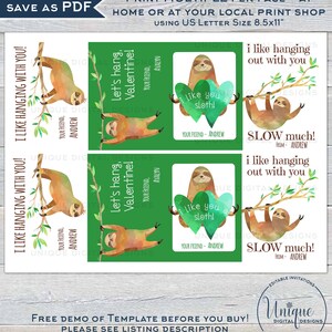 Sloth Valentine Card, Kids Editable Valentines Day Sloth Classroom, I ...
