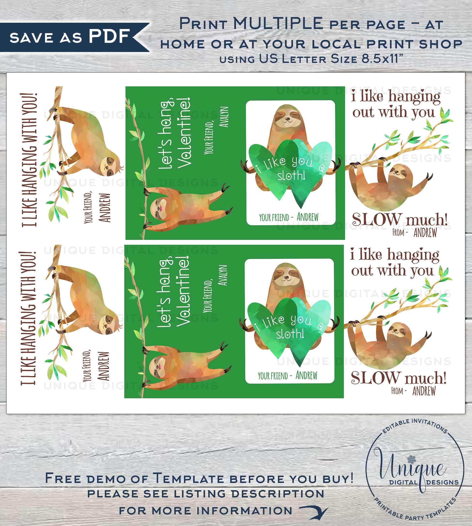 Sloth Valentine Card, Kids Editable Valentines Day Sloth Classroom, I ...