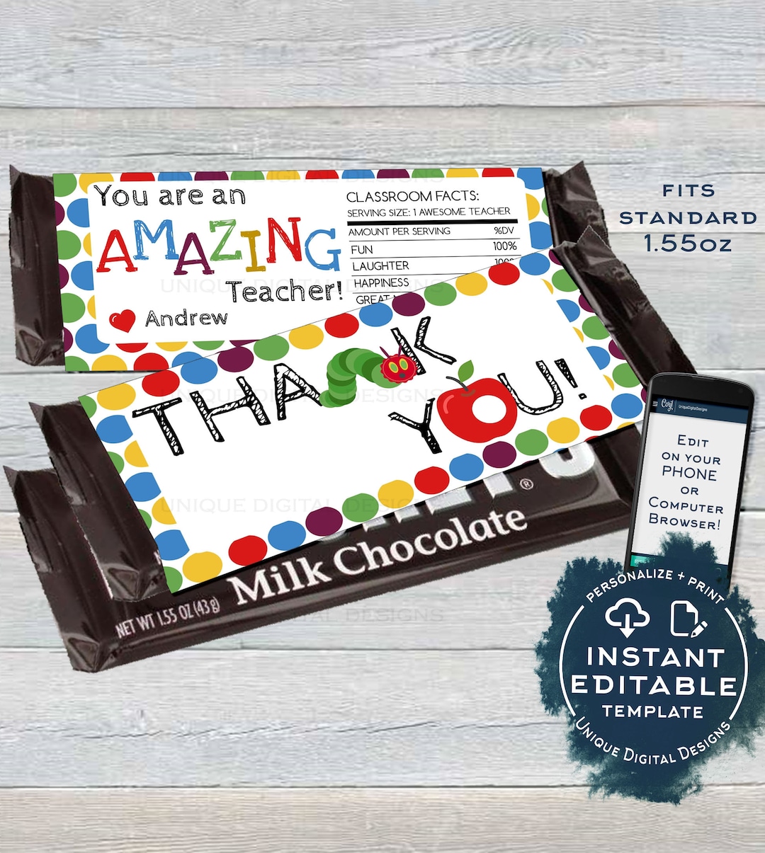 Teacher Appreciation Gift, Editable Candy Bar Wrapper, Teacher Thank ...