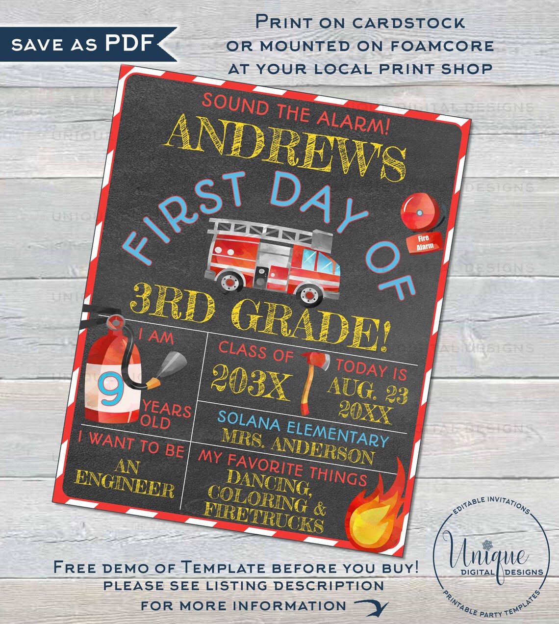 Editable First Day of School Sign, Firetruck Back to School Photo Prop ...