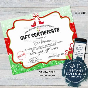 Christmas Gift Certificates Templates, Editable Gift From Santa, Last ...
