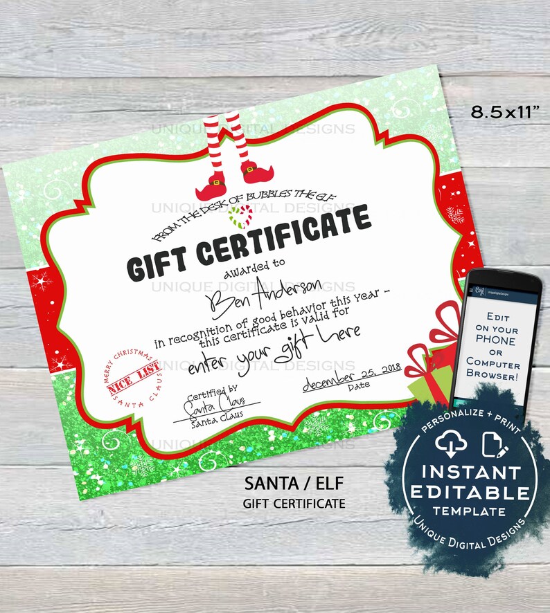 Christmas Gift Certificates Templates, Editable Gift From Santa, Last ...