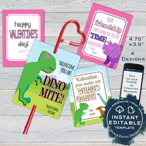 Editable Dinosaur Valentine Cards, Pencil Favor Tag Girls Valentine ...