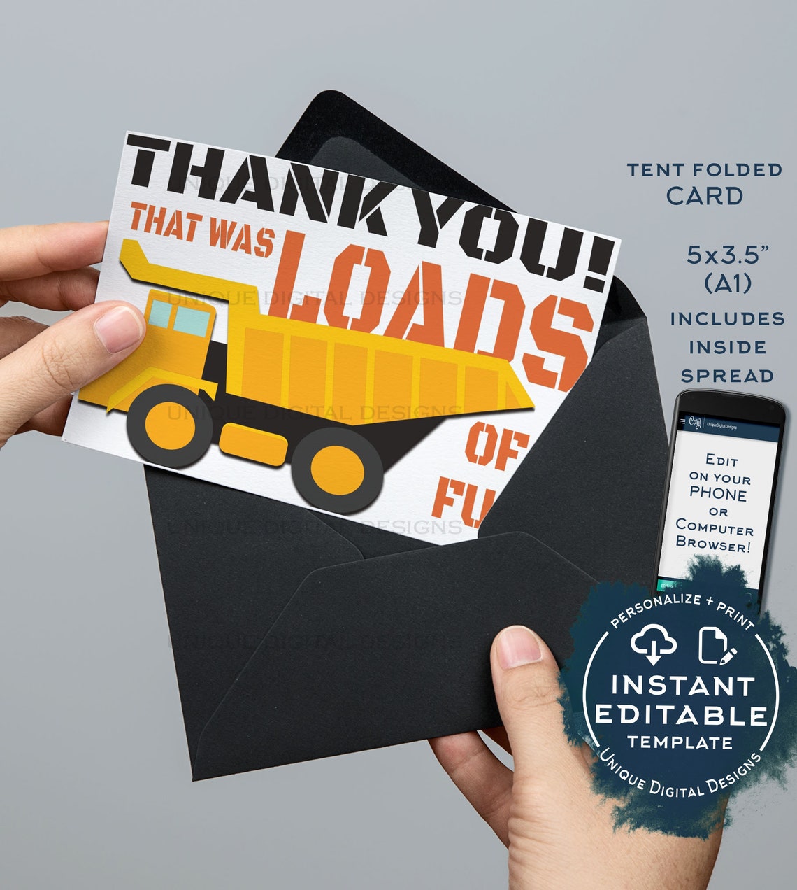 Truck Thank You Card, Editable Construction Printable, Loads of Fun ...