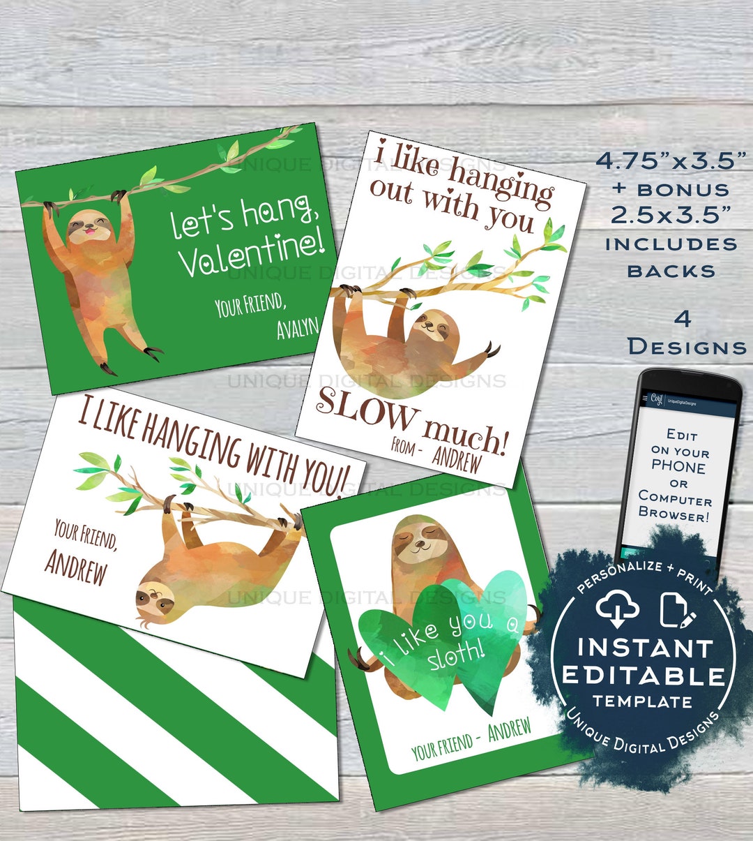 Sloth Valentine Card, Kids Editable Valentines Day Sloth Classroom, I ...