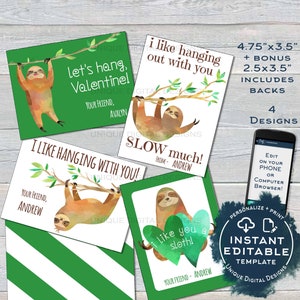 Sloth Valentine Card, Kids Editable Valentines Day Sloth Classroom, I ...