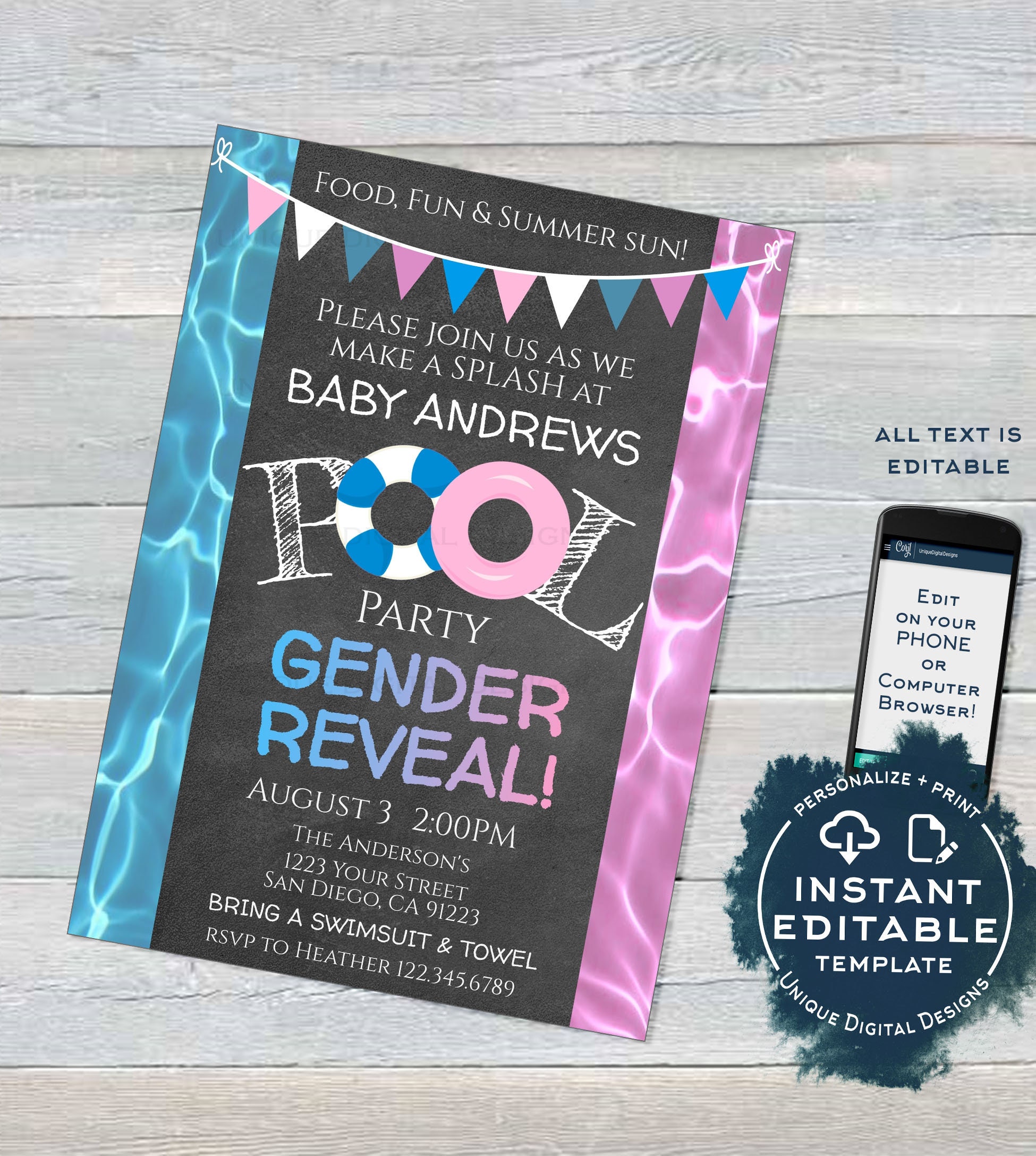 Editable Pool Party Gender Reveal Invitation, He or She Summer Pool ...