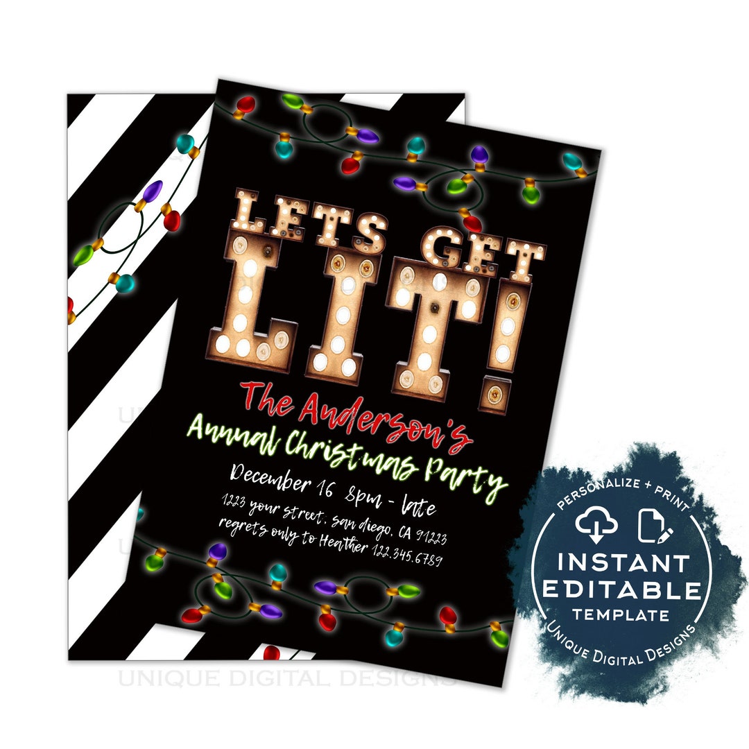 Editable Let's Get Lit Christmas Party Invitation, Lets Get Drunk ...