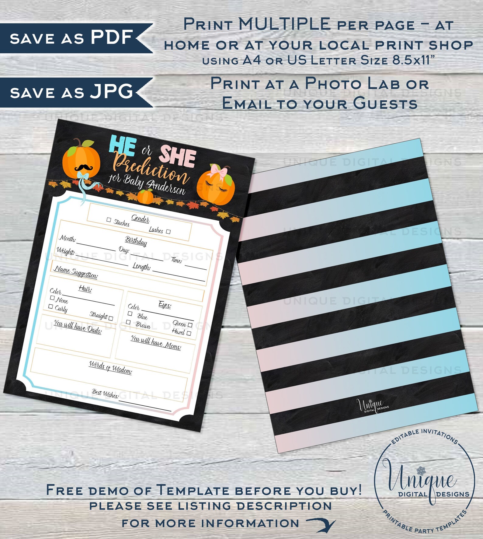 Editable Gender Reveal Prediction Card, Personalized Little Pumpkin ...