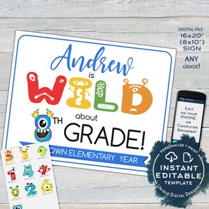 Wild About School Sign, Editable First Day of School Sign, Monsters ...