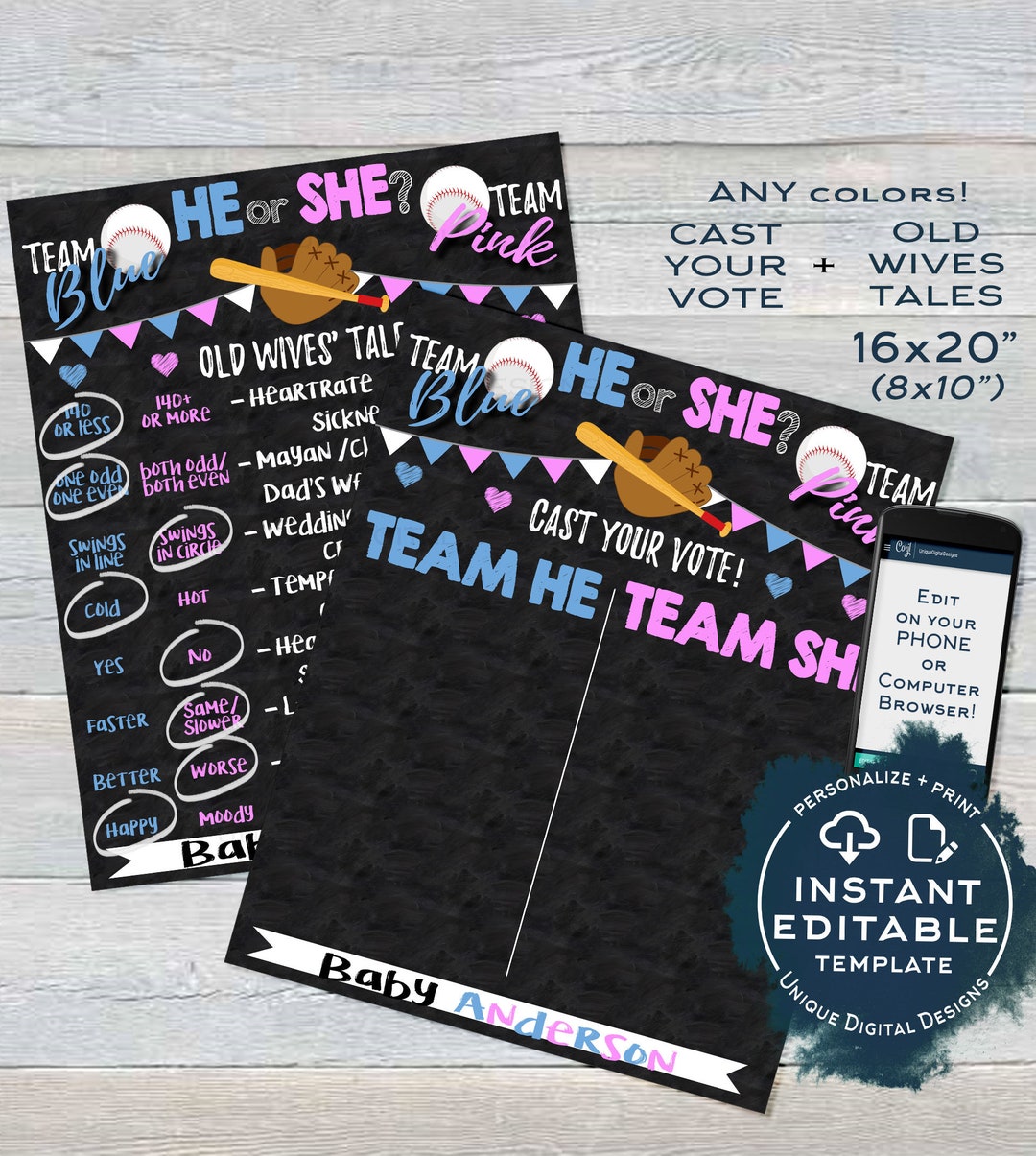 Gender Reveal Cast Vote Sign, Editable Baseball Baby Board He or She ...