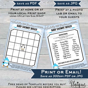 Editable Baby Shower Bingo Cards, Penguin Theme Baby Shower Game, Its a ...