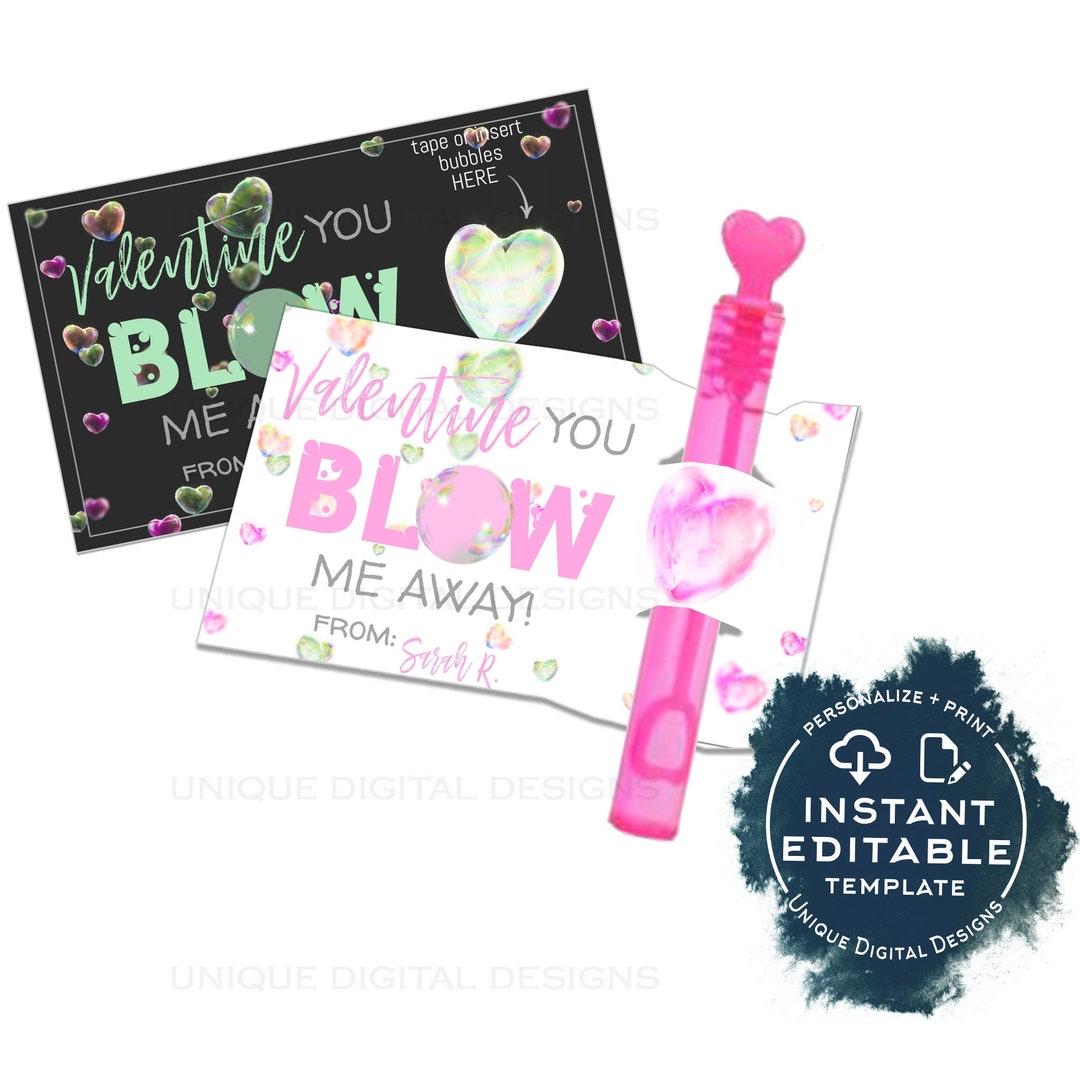 Valentine's Gift Tags, Editable You Blow Me Away, Bubbles Valentine ...