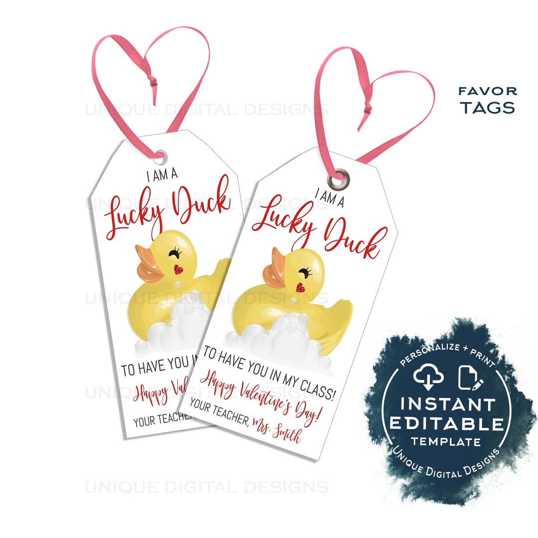 Teachers Editable Valentine Lucky Duck Tags, Rubber Ducky Valentine ...