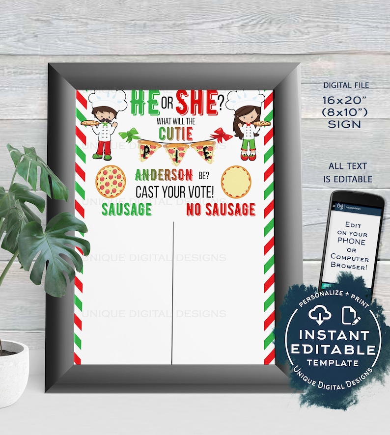 Pizza Party Gender Reveal Cast Your Vote Sign, Editable He or She Cutie ...