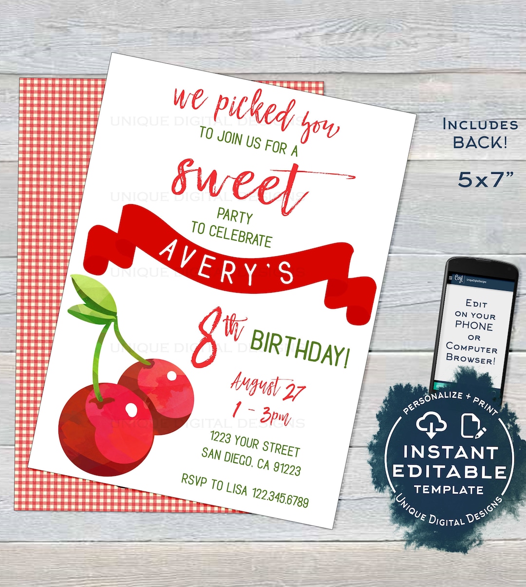 Cherry Birthday Invitation, Editable Girls Birthday Party Invite, We ...