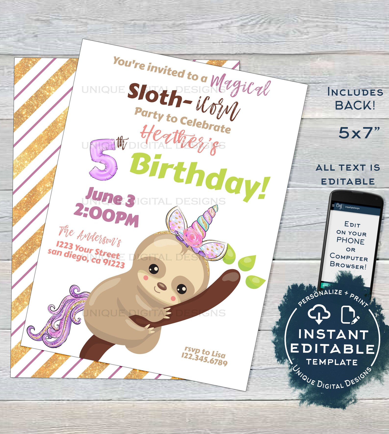 Slothicorn Invitation Unicorn Birthday Party Gold Glitter - Etsy