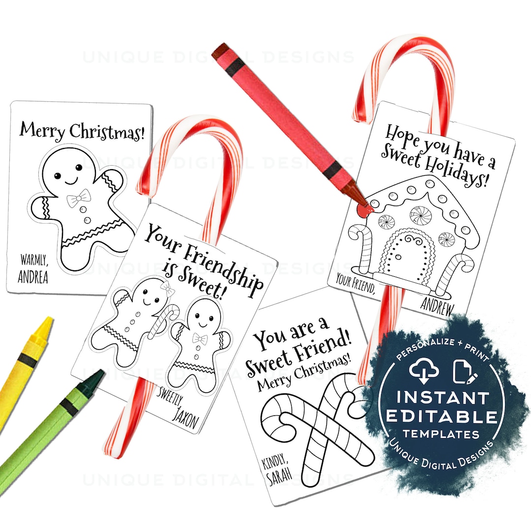 Color in Gift Candy Cane Christmas Favors Tag, Kids Classroom Editable ...
