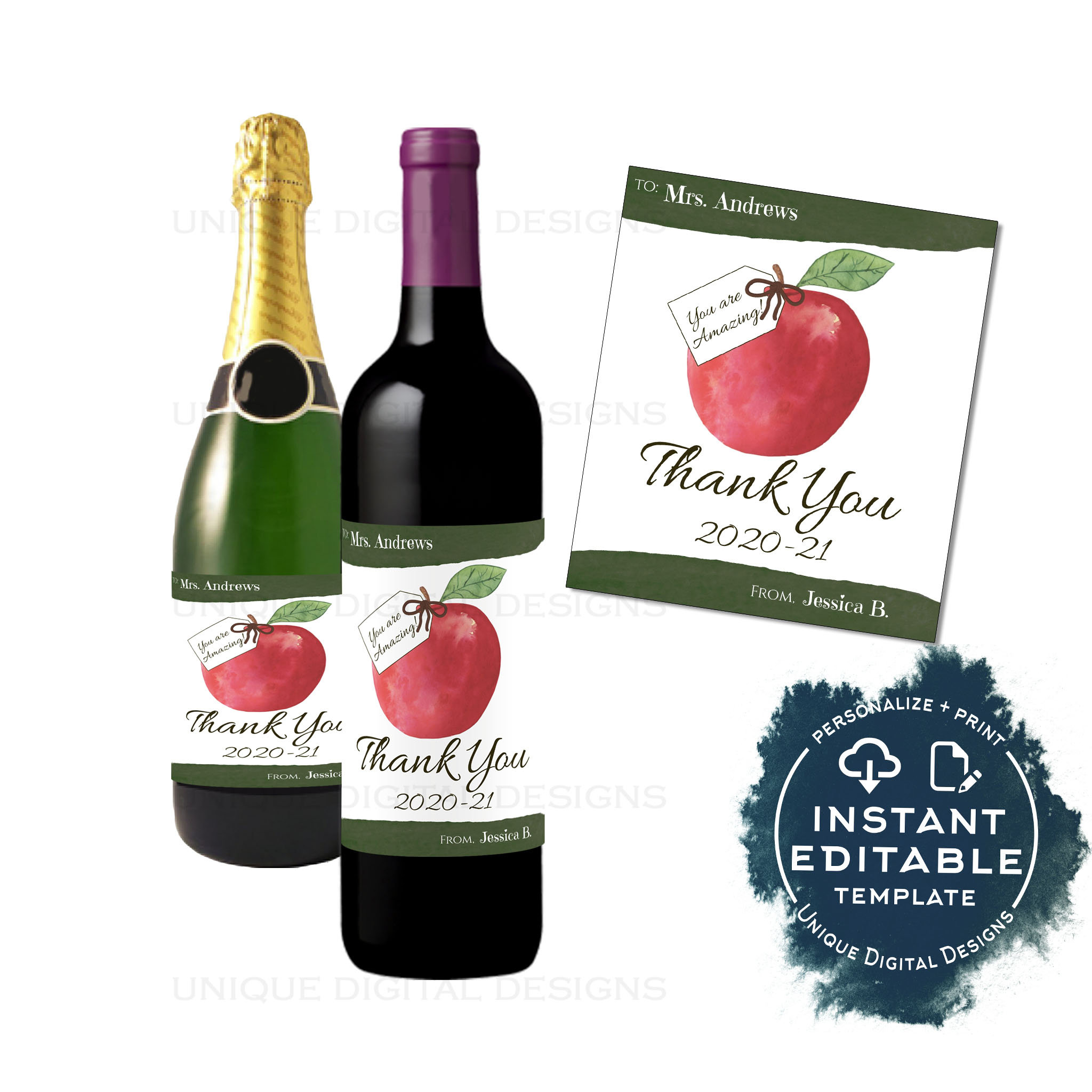 Teacher Appreciation Gift Editable Wine Tag Template Apples - Etsy