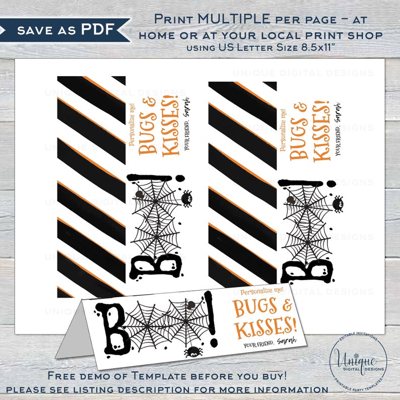 Editable Halloween Favor Tags, Bugs and Kisses Personalized Halloween ...