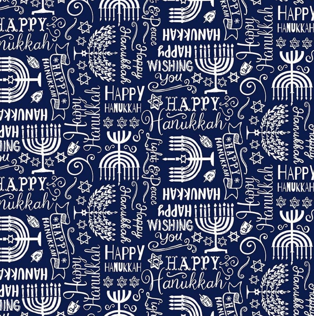 Hanukkah Fabric: Menorah & Text Print, White on Navy Cotton - Etsy