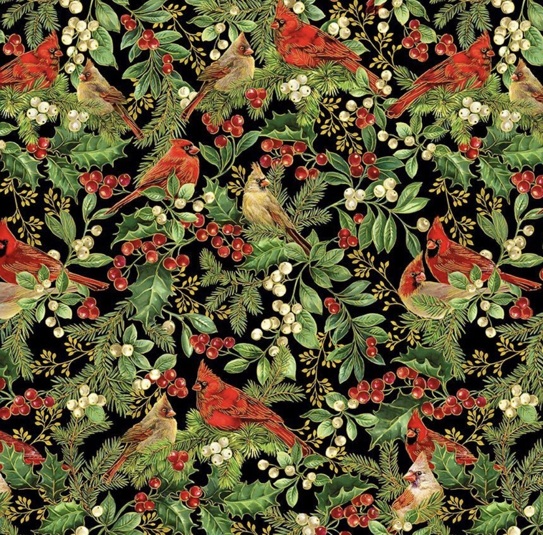 Cardinal Bird Winter Fabric on Black - Cardinal on Branches From ...