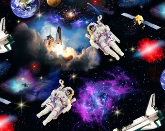 Space and Dogs Fabric Space Dogs and Flying Discs Large by ...