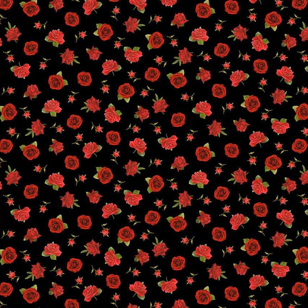 Red Roses on Black From Timeless Treasures Small Vintage Roses 100% ...