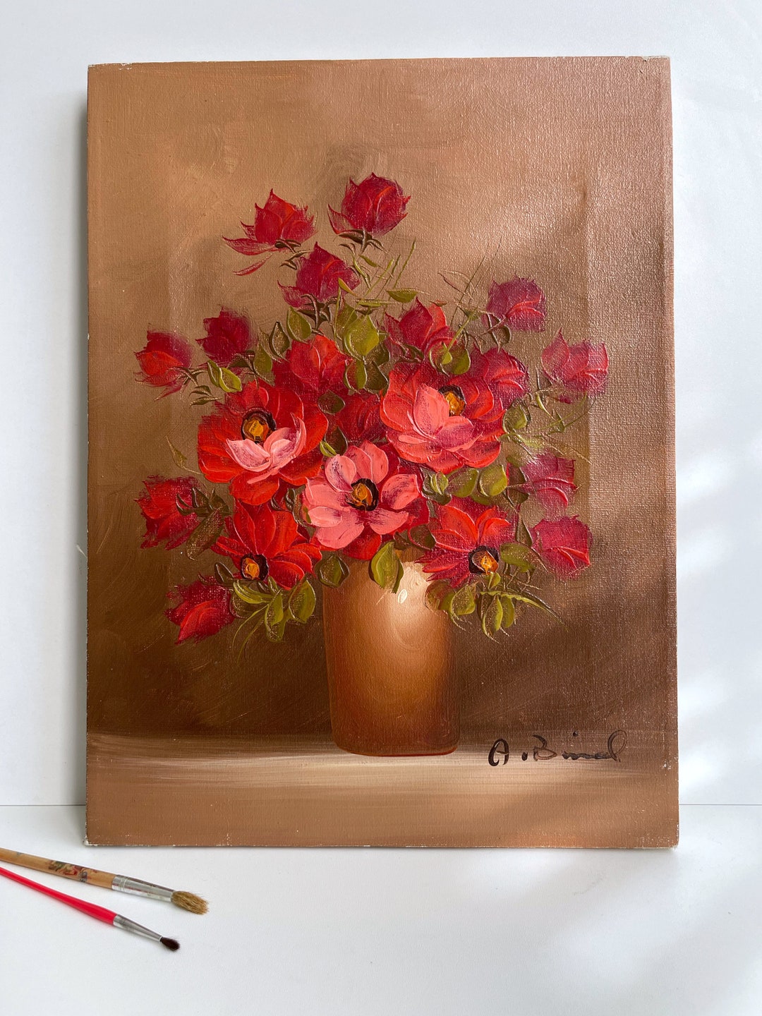 Red Flowers in Vase | Floral Oil Painting | Vintage Painted Art ...