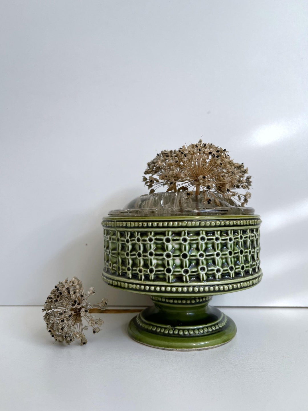 Vintage Green Pedestal Floral Bowl Sorrento Brody Flower Holder Japan ...