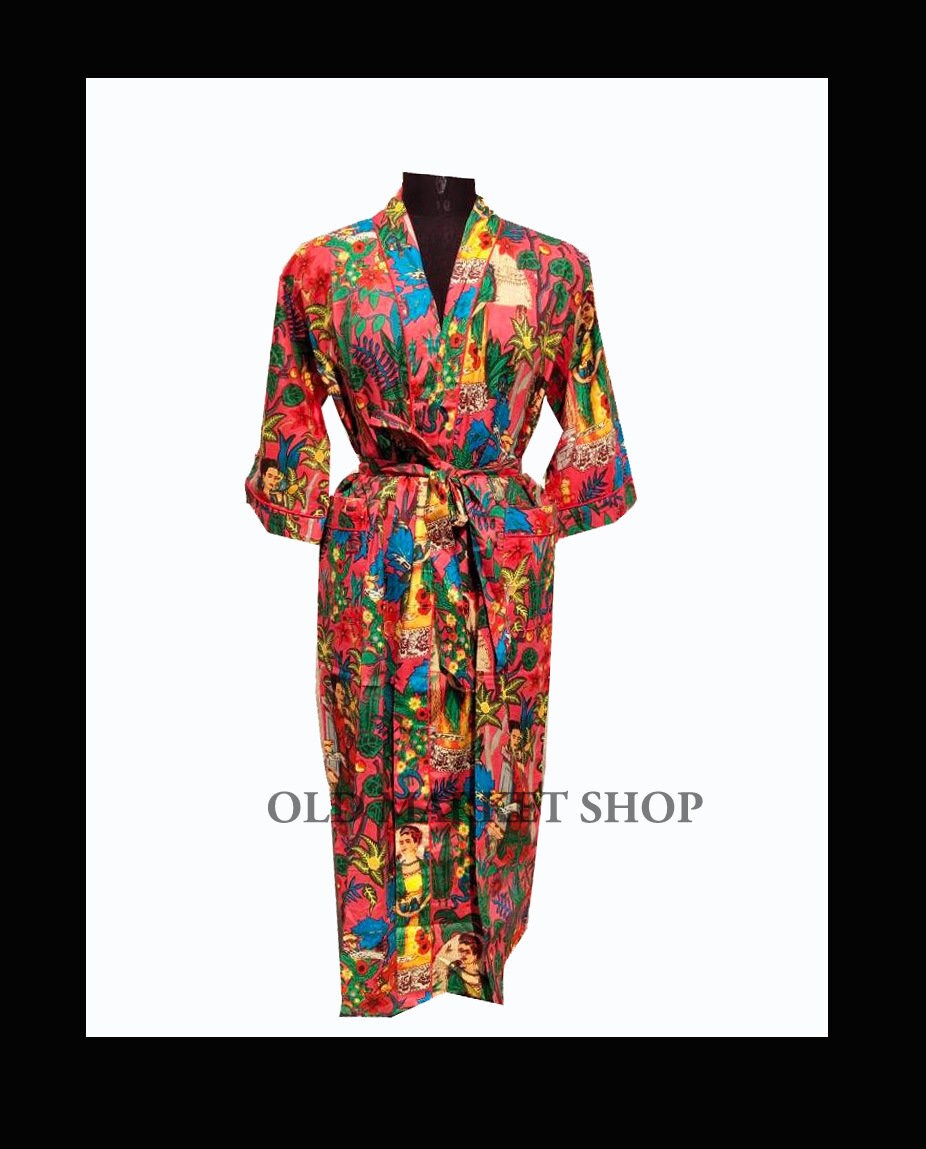 Red Cotton Frida Floral Sleepwear Robes Nightdress Kimono - Etsy