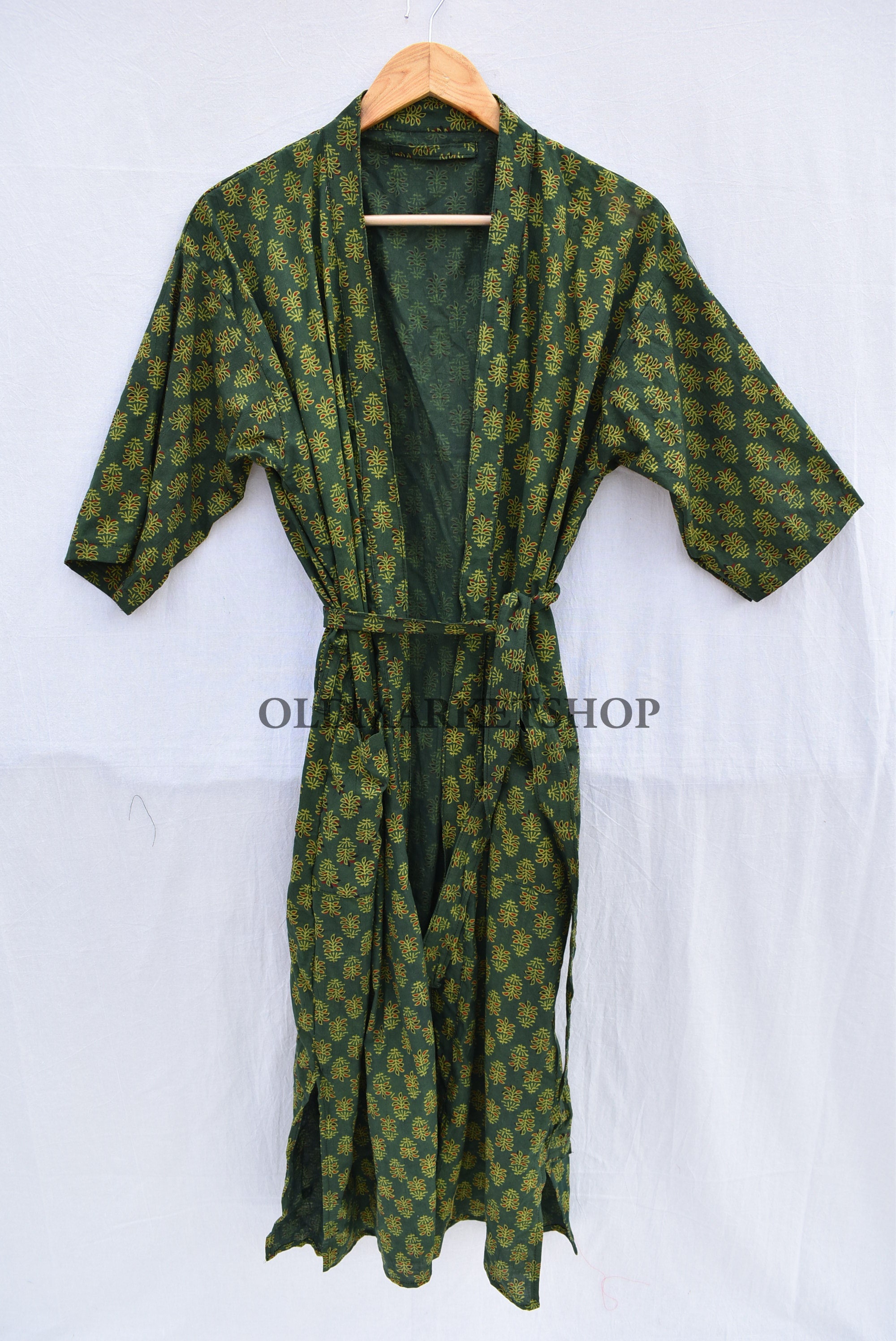 Green Handblock Ajrak Print 100% Cotton Indian Beach Kimono - Etsy