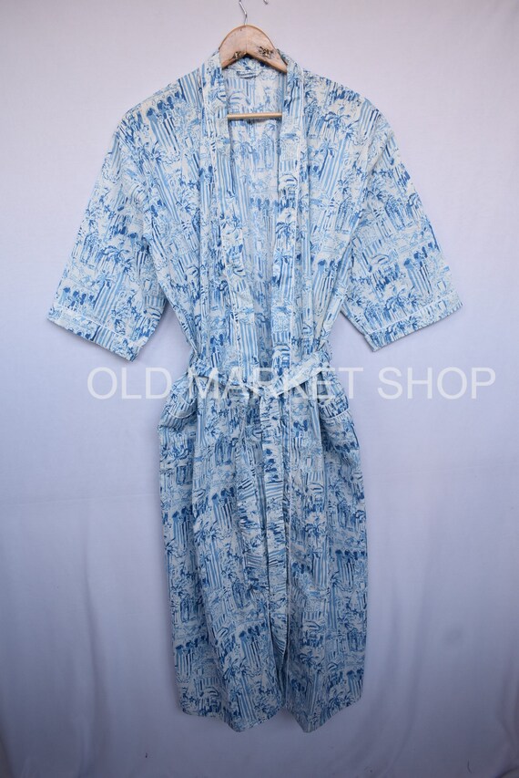 Blue Indian Cotton Sleepwear Robes Nightdress Kimono | Etsy