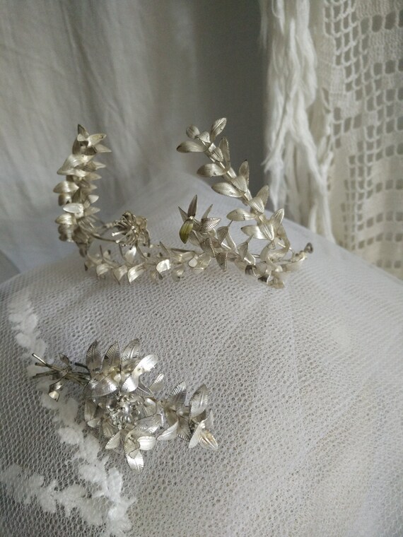 Elegant german myrtle crown, vintage silver wedding T… - Gem