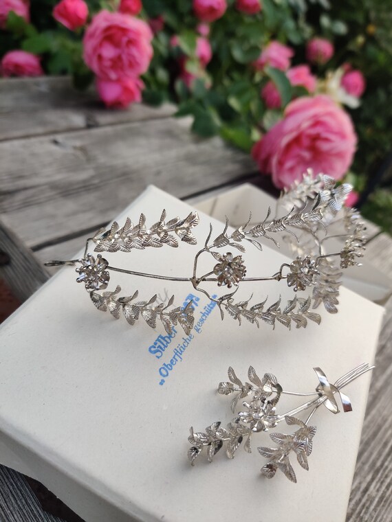 Elegant german myrtle crown, vintage silver wedding T… - Gem
