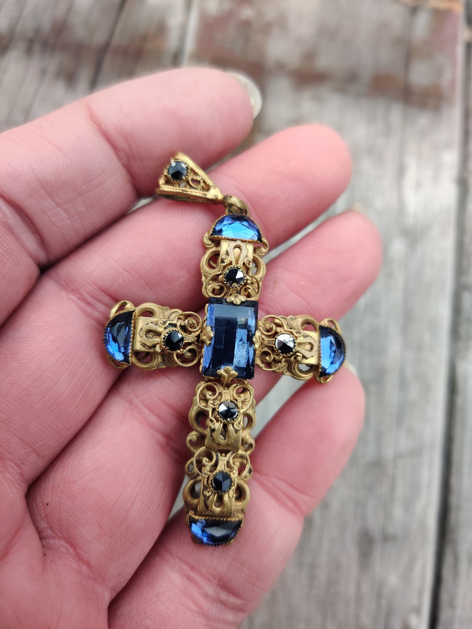 Max Neiger Style Crucifix, Cross Pendant, Withe Blue Rhinestones, Art ...