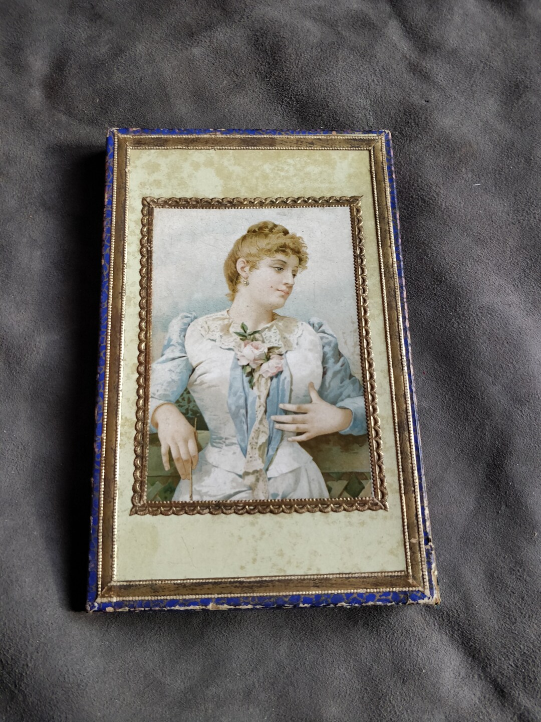 Antique Cardboard Box Letter Box Lady in Pale Blue Brokante - Etsy