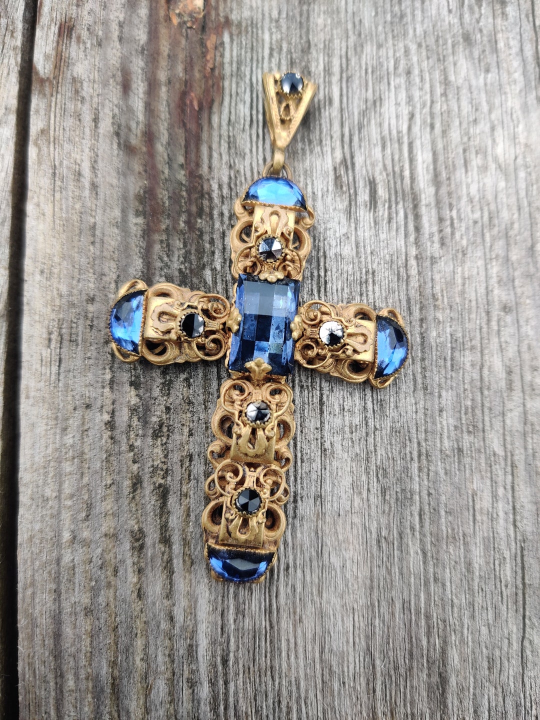 Max Neiger Style Crucifix, Cross Pendant, Withe Blue Rhinestones, Art ...