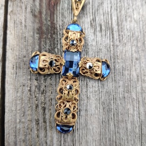Max Neiger Style Crucifix, Cross Pendant, Withe Blue Rhinestones, Art ...