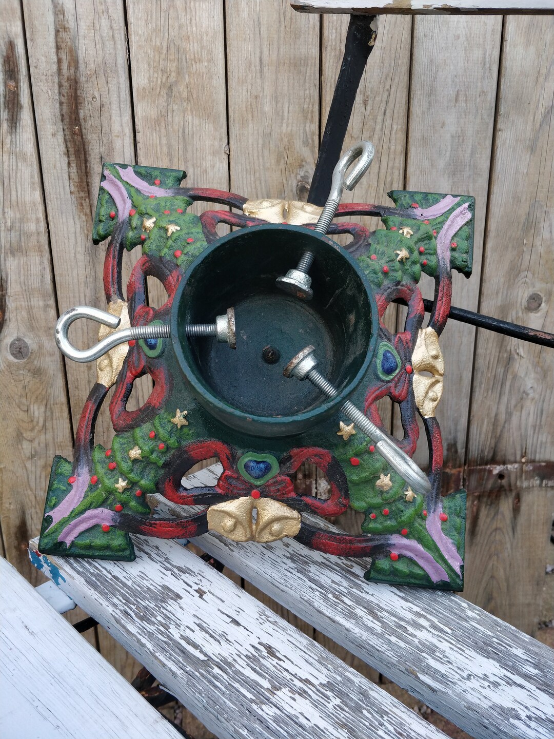 Christmas Tree Stand, Edwardian, Green Red, Gold, Cast Iron, Stars ...