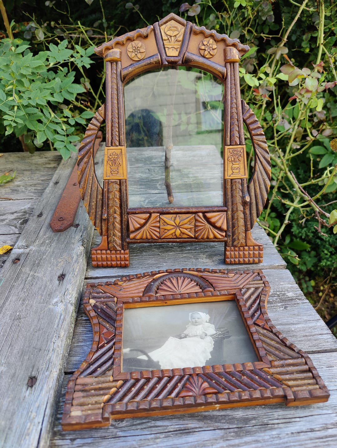 2 Fabulous Tramp Art Art Nouveau Frames Made of Twigs, Twig Mosaic With ...