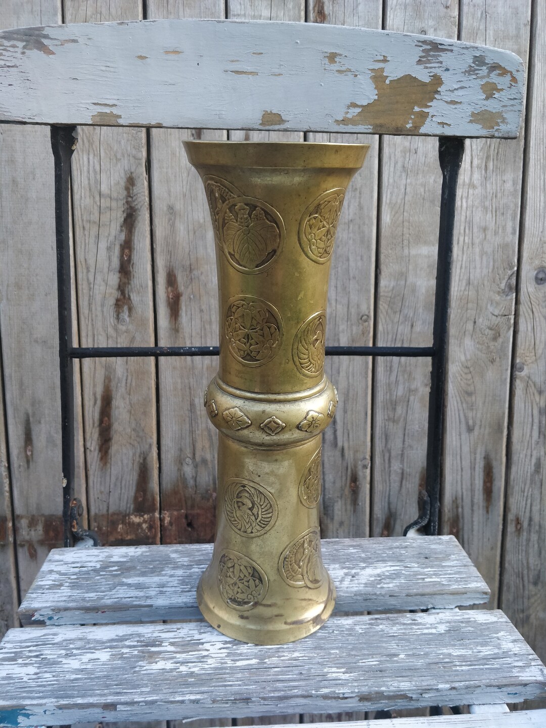 Antique Japanese Brass Vase With Mon, Kamon, Family Crests, Japan, Ca ...