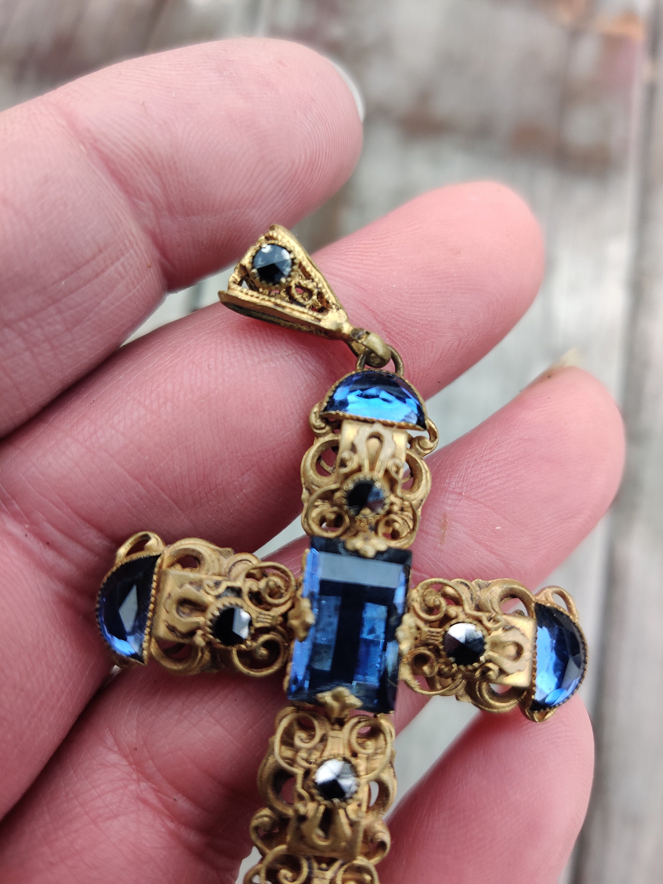 Max Neiger Style Crucifix, Cross Pendant, Withe Blue Rhinestones, Art ...